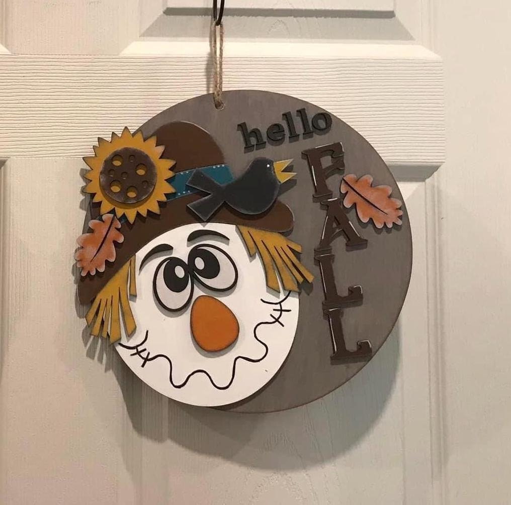 Hello Scarecrow Door Hanger | Fall Door Decor | Rustic Scarecrow Sign ...