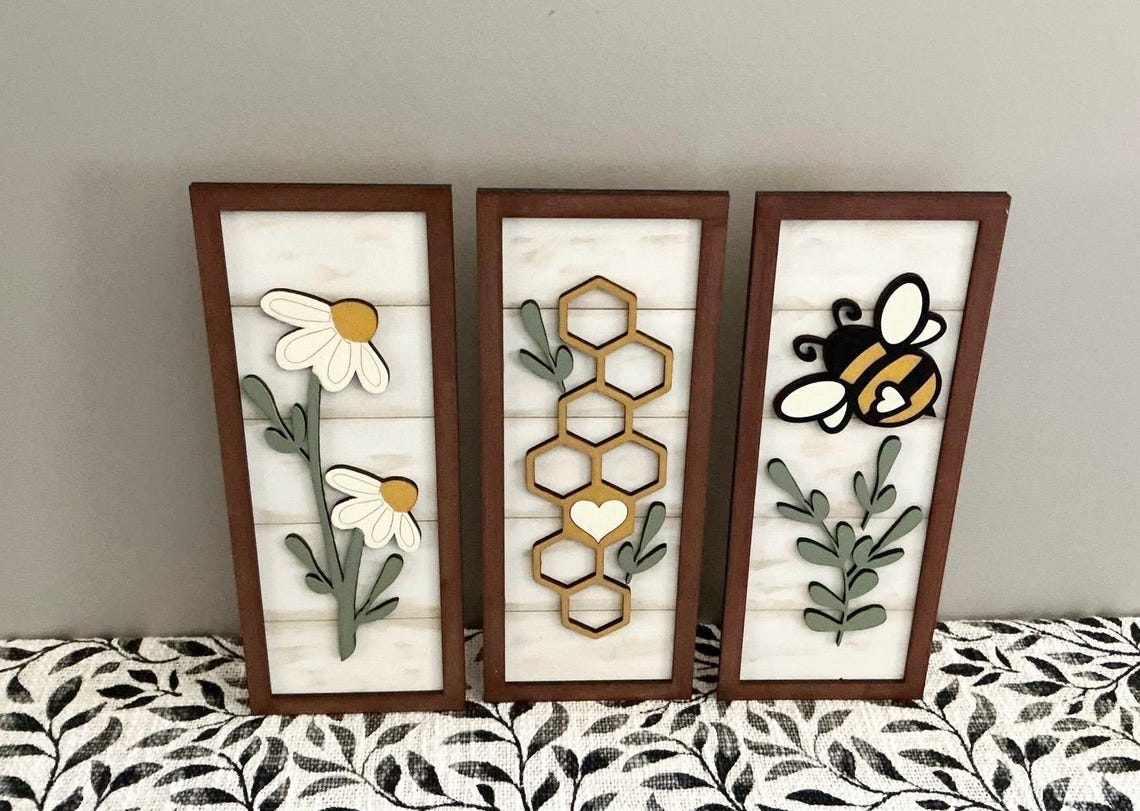 Vertical Sign Trio - Bee Decor Set, Wooden Bee Signs, Farmhouse Wall ...