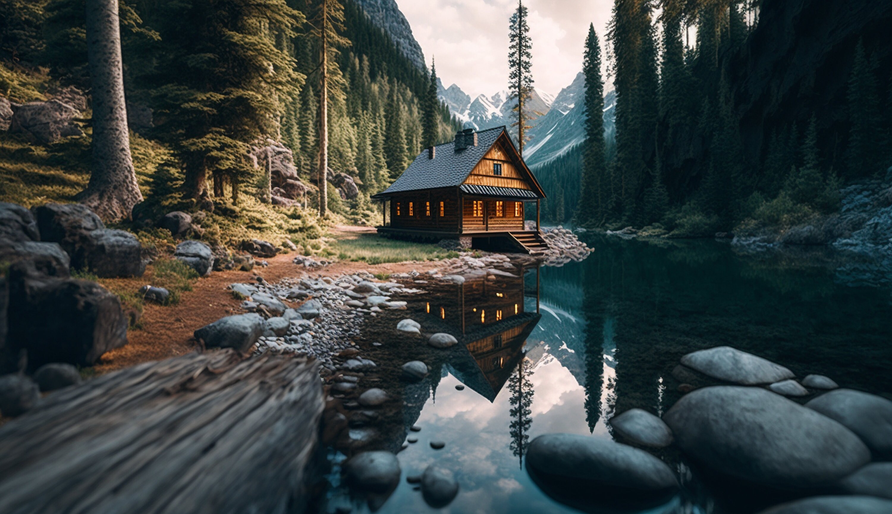 Cabin in the Woods Digital Art Print - Mountain & Water View - Etsy