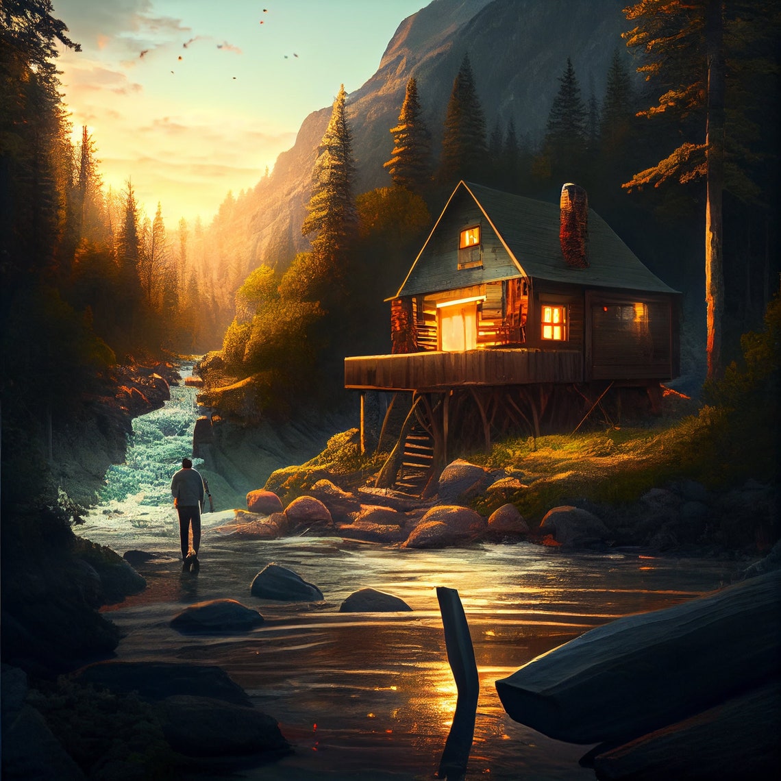 Cabin in the Woods With River Printable Art - Etsy