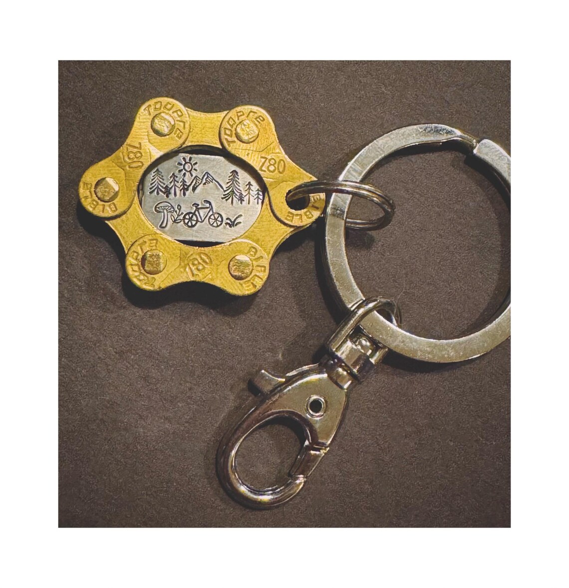 Mountain Bike Ride Keychain: Hand Stamped Forest Scene, Gold Chain Link ...