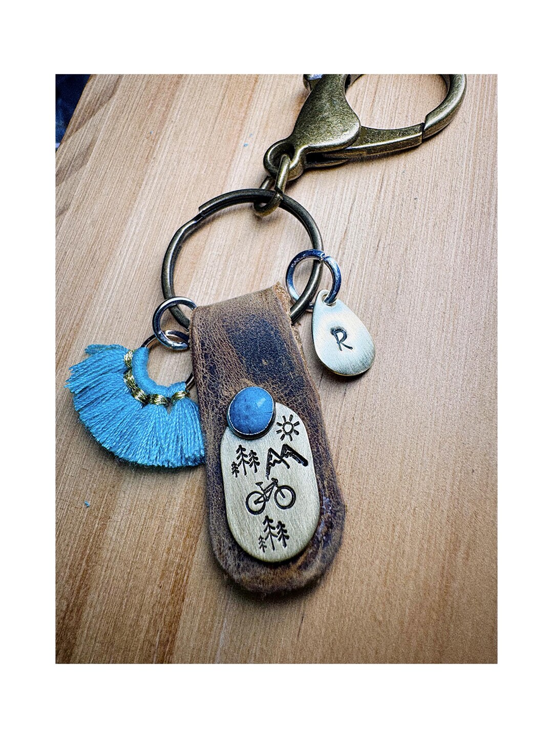 Personalized Forest Mountain & Bike Leather Keychain, Bag Charm: Custom ...