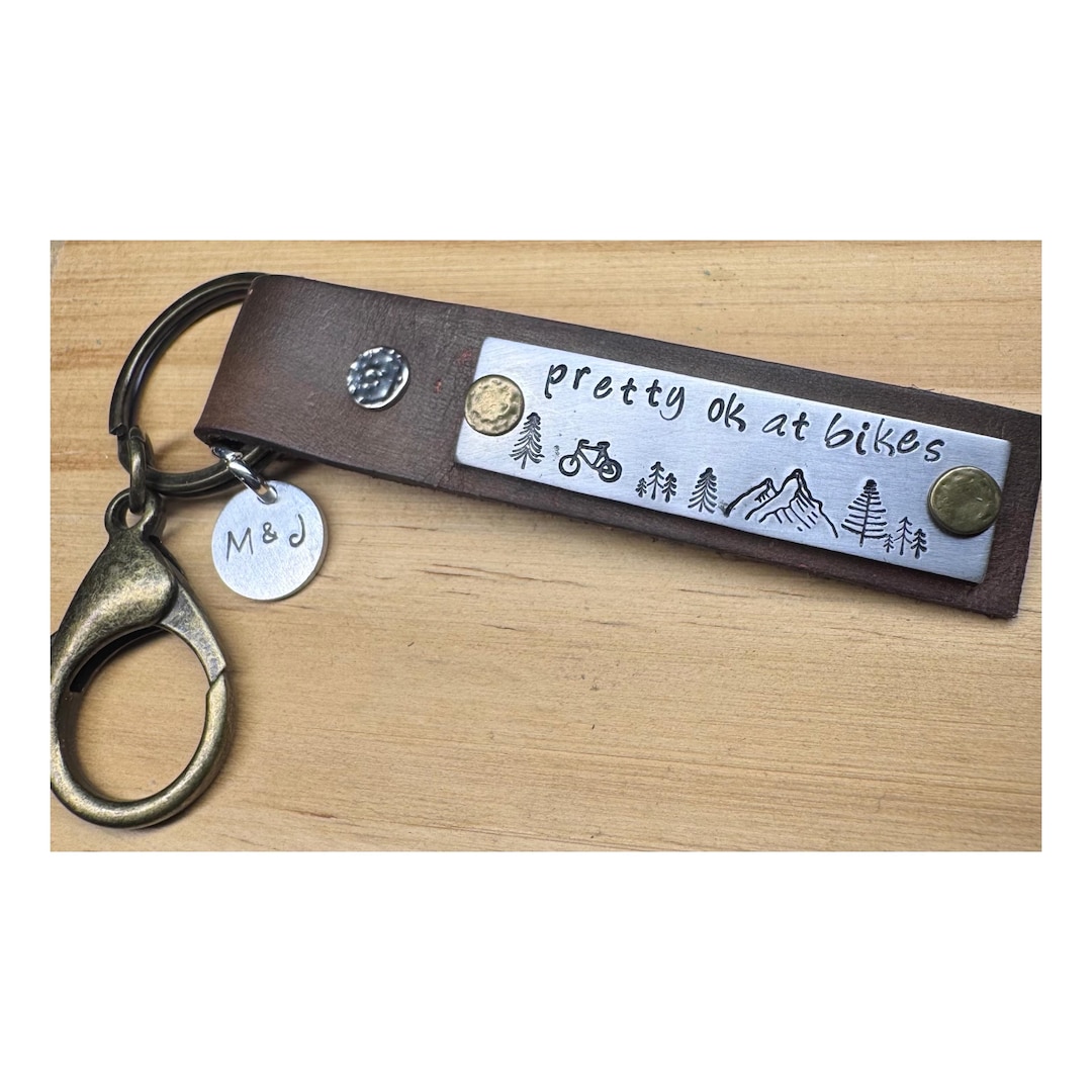 Personalized "pretty OK at Bikes" Leather Keychain, Bag Charm ...