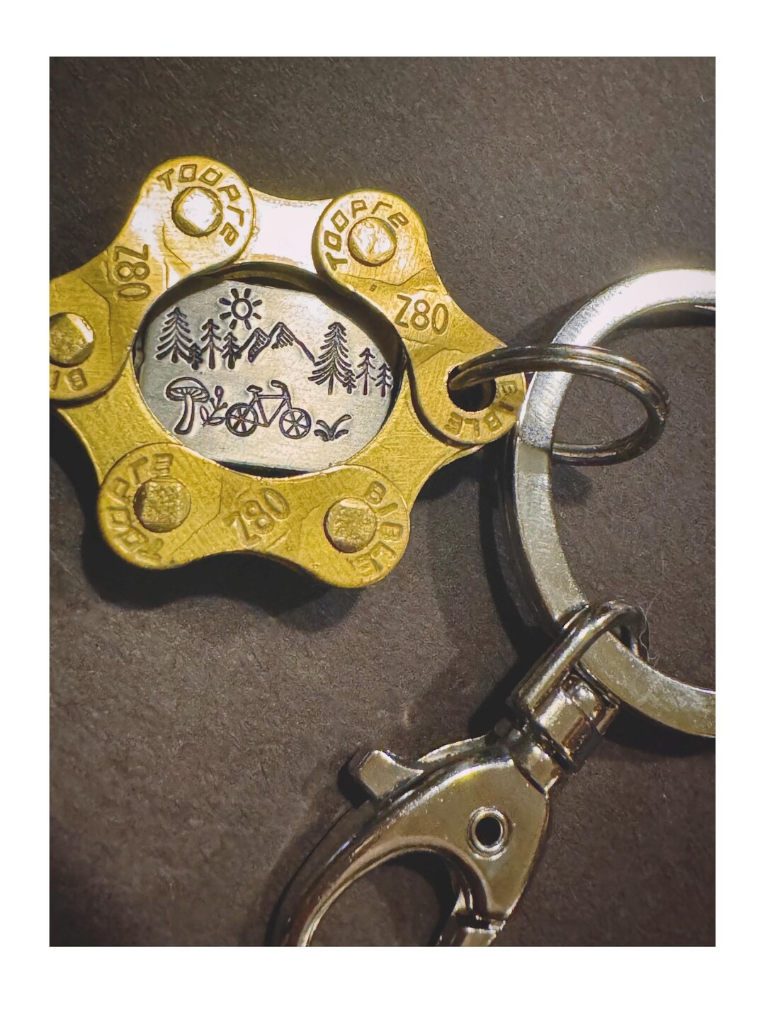 Mountain Bike Ride Keychain: Hand Stamped Forest Scene, Gold Chain Link ...