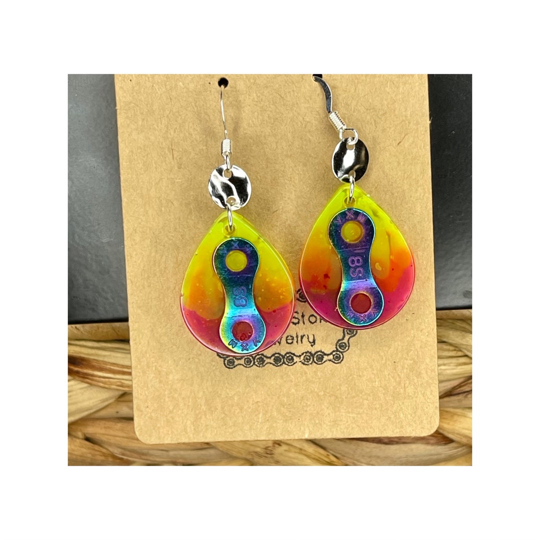 Resin & Oil Slick Rainbow Bike Chain Link Earrings - Etsy