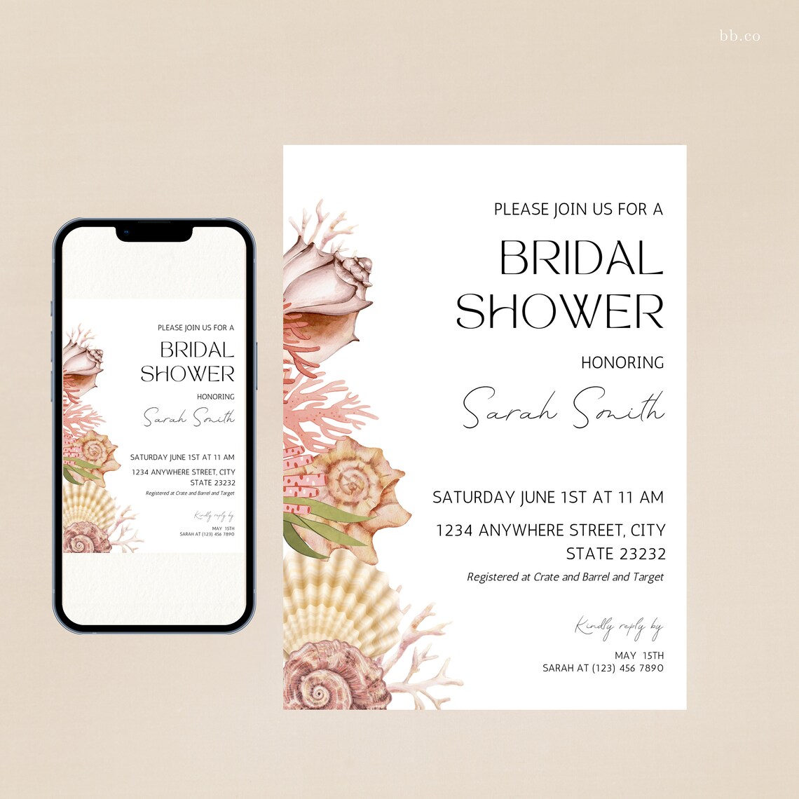 Seashell Bridal Shower Invitation Template, EDITABLE Template, Coastal ...