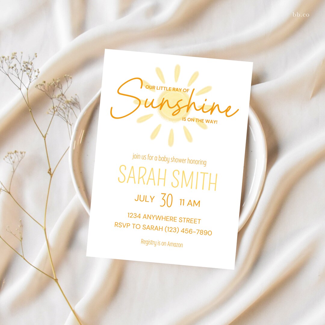 A Little Ray of Sunshine is on the Way Invitation, EDITABLE Baby Shower ...