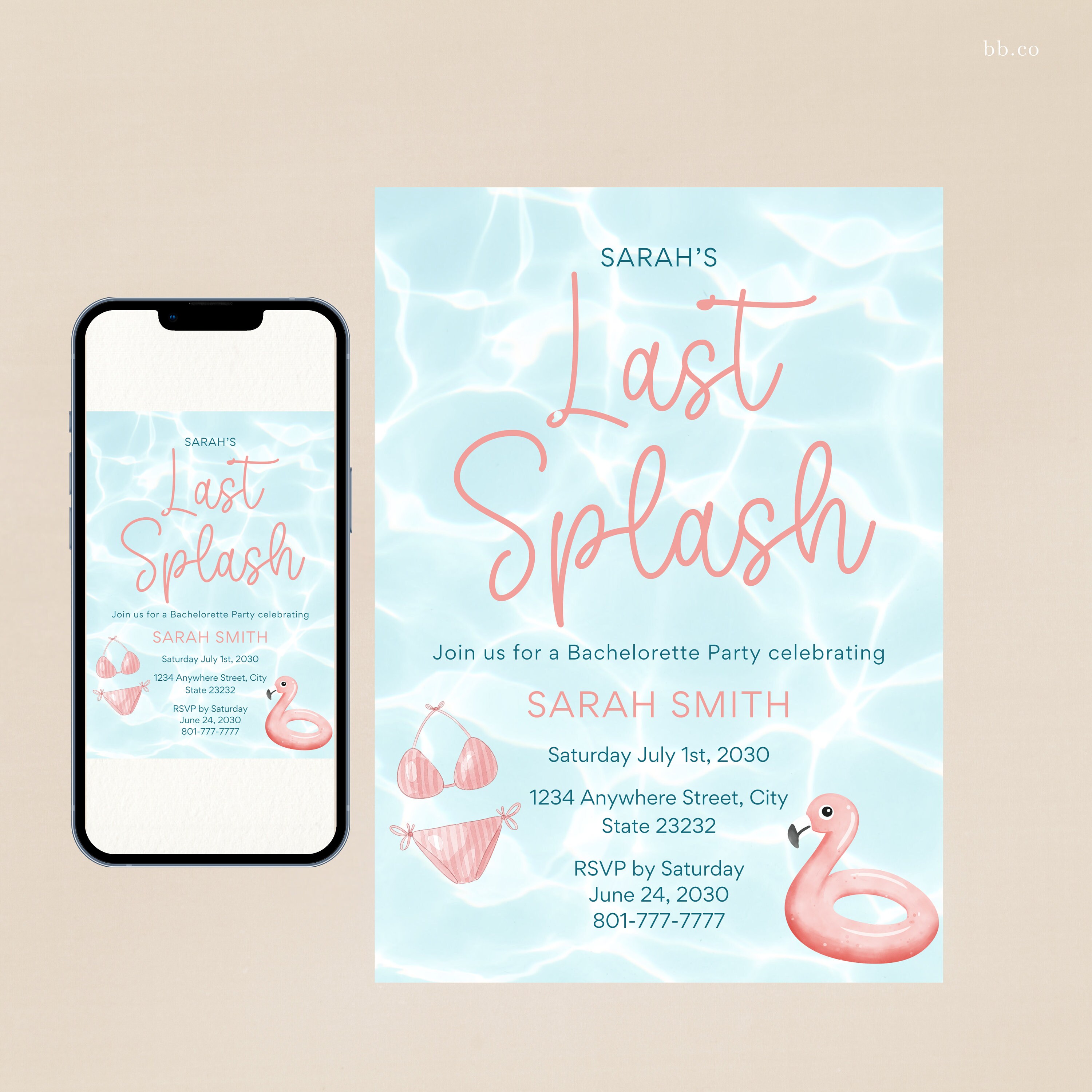 Last Splash Bachelorette Party Invitation: Editable Pool Party Template ...