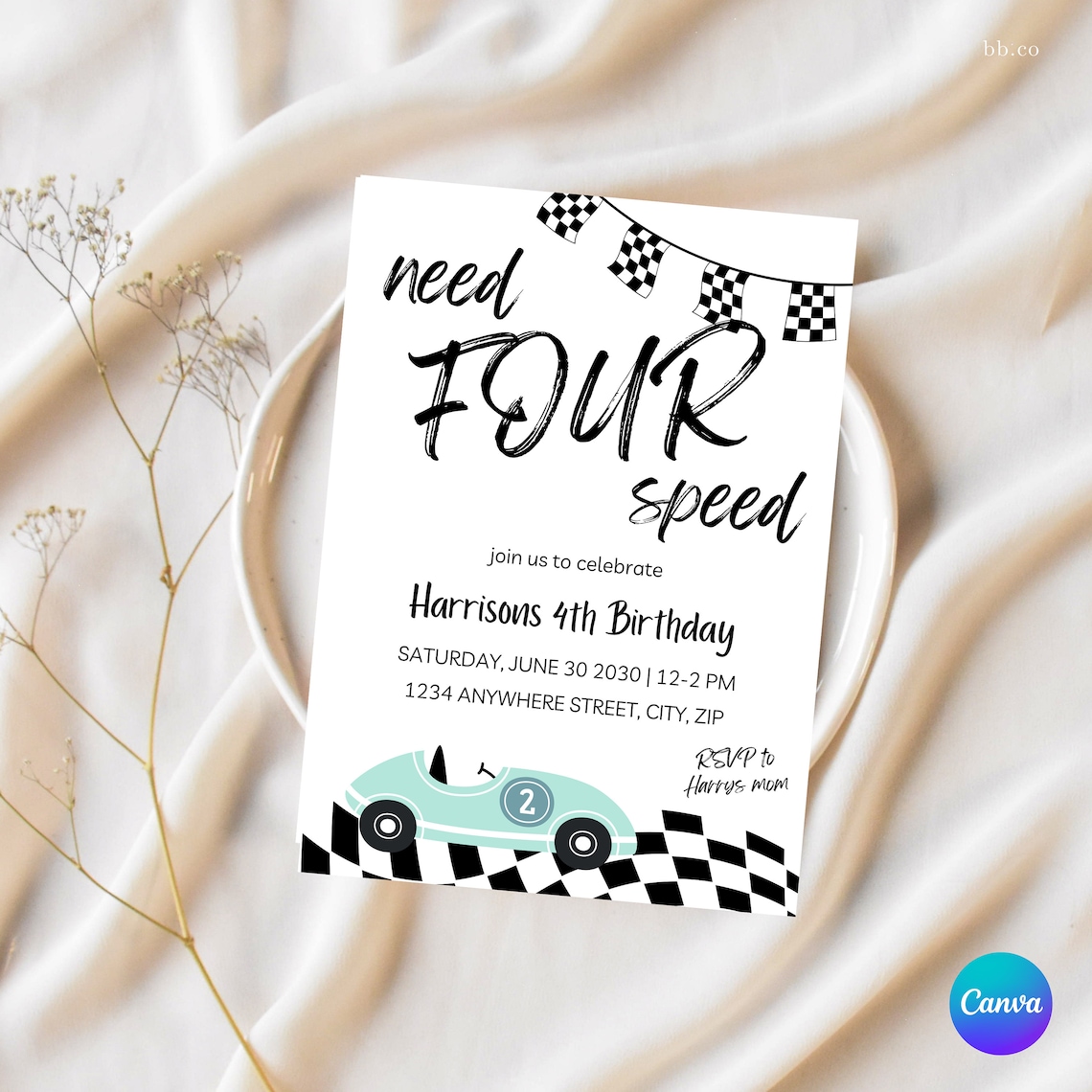 Need FOUR Speed Birthday Invitation, EDITABLE Canva Invitation, Blue ...