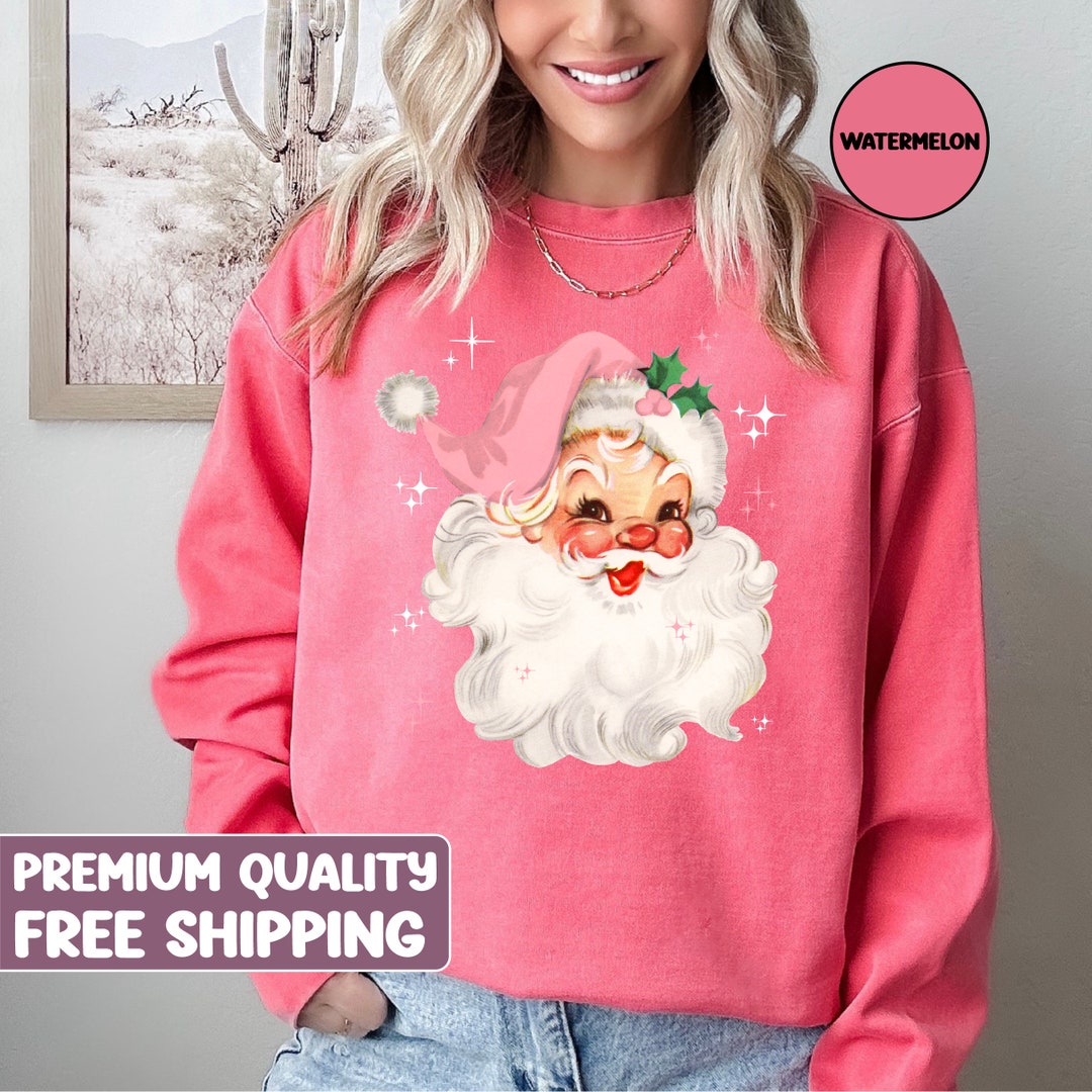 Retro Pink Christmas Santa Sweatshirt, Pink Santa Hat Sweater, Classic Christmas Santa, Pink ...