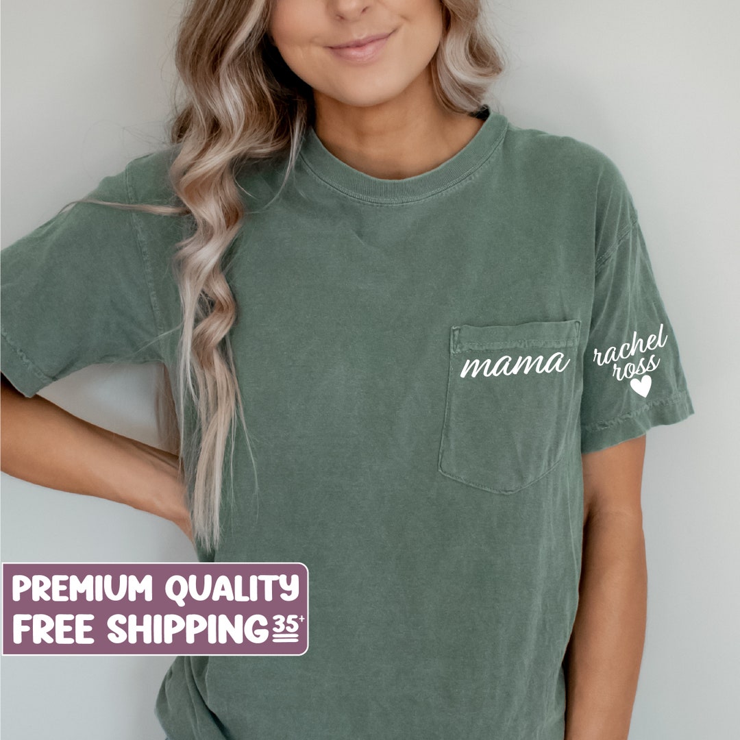 Custom Mama Shirt With Children Name on Sleeve, Comfort Colors, Pocket ...