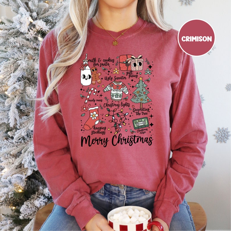 Christmas Doodle Long Sleeve Shirt, Comfort Colors® Christmas, Cute ...