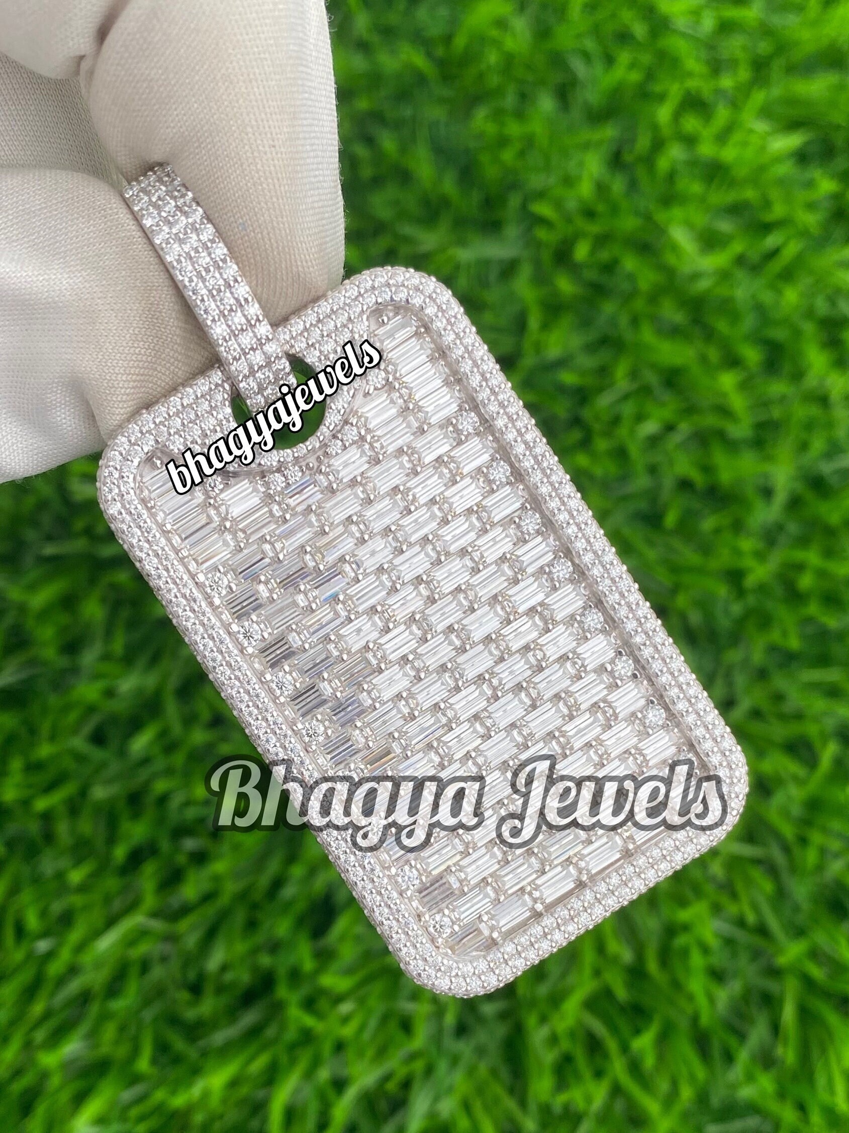 Fully Iced Out Baguette Dog Tag Pendant Custom 925 Sterling Silver VVS ...