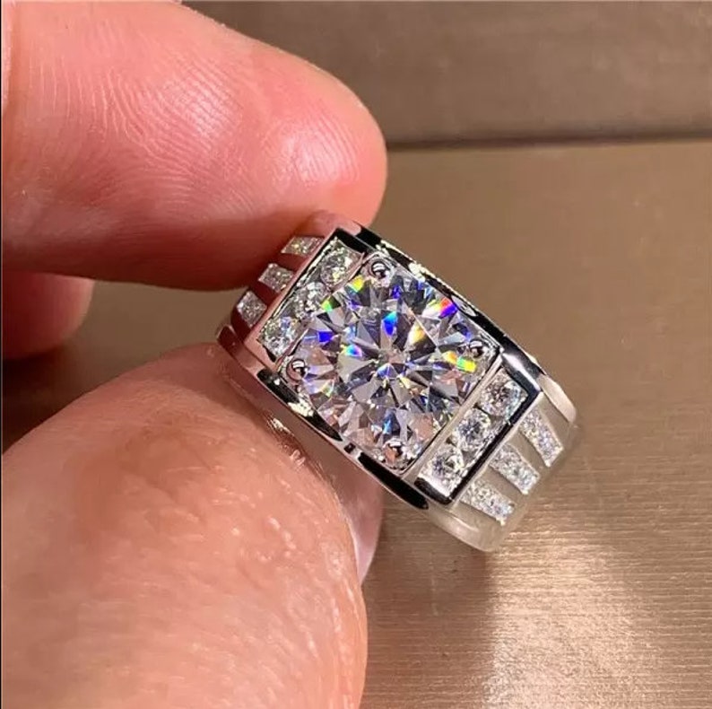 Men's VVS Moissanite Engagement Ring, 5.00 Ct Round Diamond, 925 ...