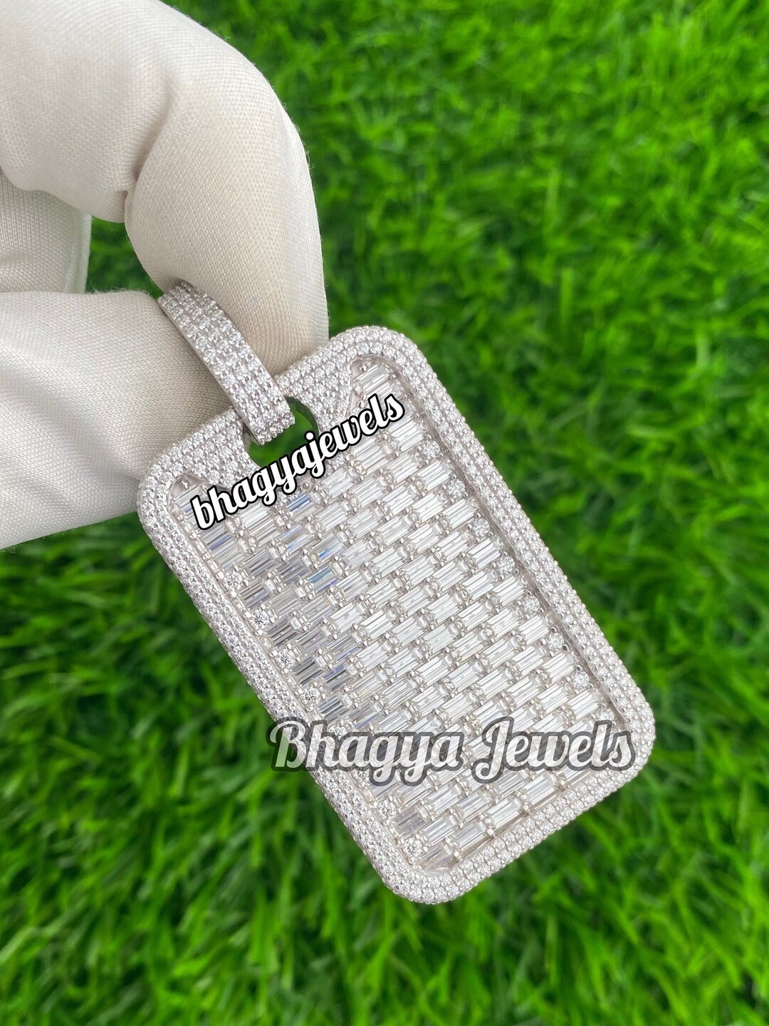 Fully Iced Out Baguette Dog Tag Pendant Custom 925 Sterling Silver VVS ...