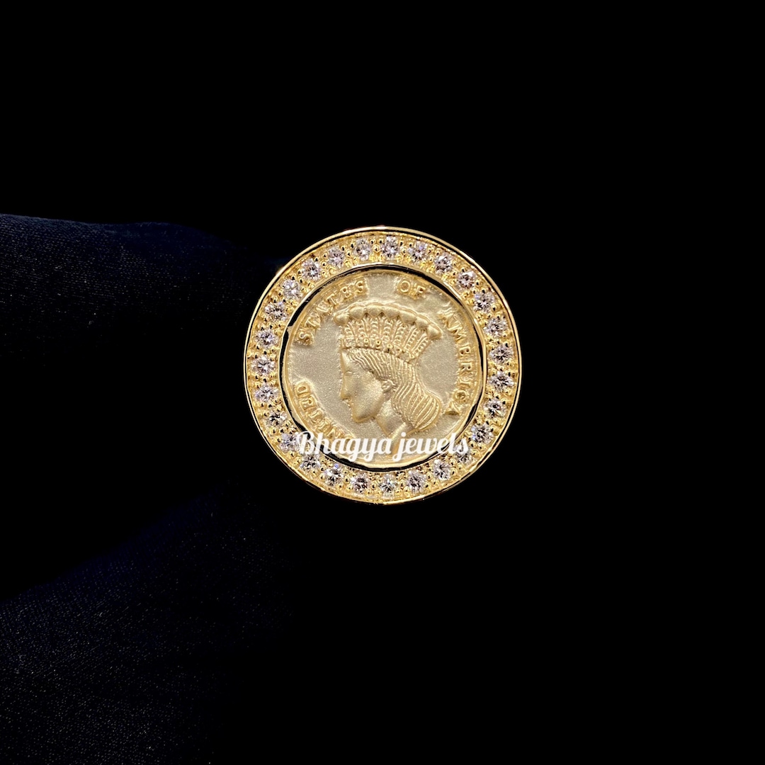 Liberty Head Gold Coin Ring, 14K Gold Diamonds Coin Ring Big Men's, USA ...