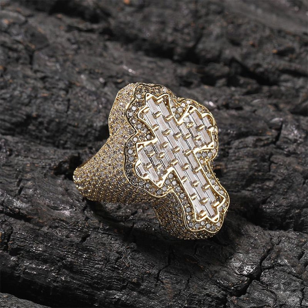Premium Men Iced Out CROSS Hip Hop Ring VVS Baguette Moissanite Ring ...