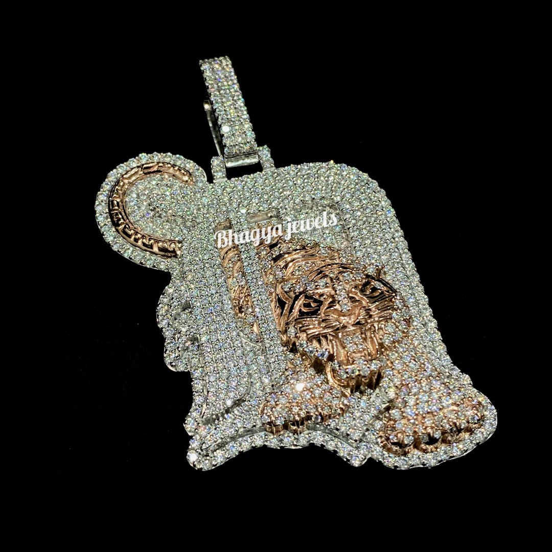 VVS Moissanite 925 Sterling Silver Enamel White Topaz Tiger Pendant ...