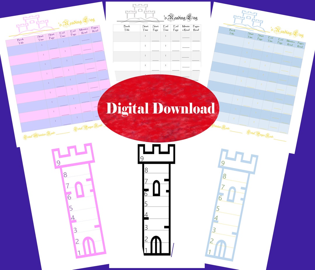 Royal Prince Princess Reading Log and Book Chart Pink Purple Blue Green ...