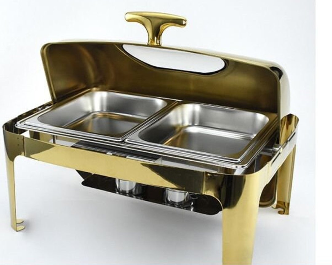 Gold Rectangle Roll Top Chafing Dish With 9qt Pan Visual Glass Lid Fuel ...