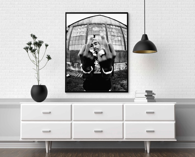 Tupac Middle Finger Poster, Black and White, Vintage Wall Art, 2pac Print, Rapper Poster, Music ...