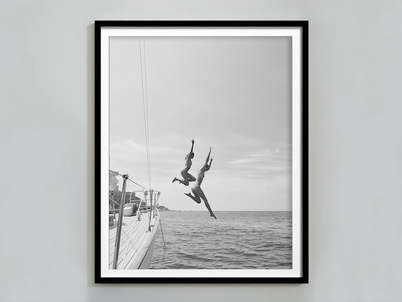 Black and White Ocean Jump Sail Boat, Yacht Wall Art, Women Jumping ...