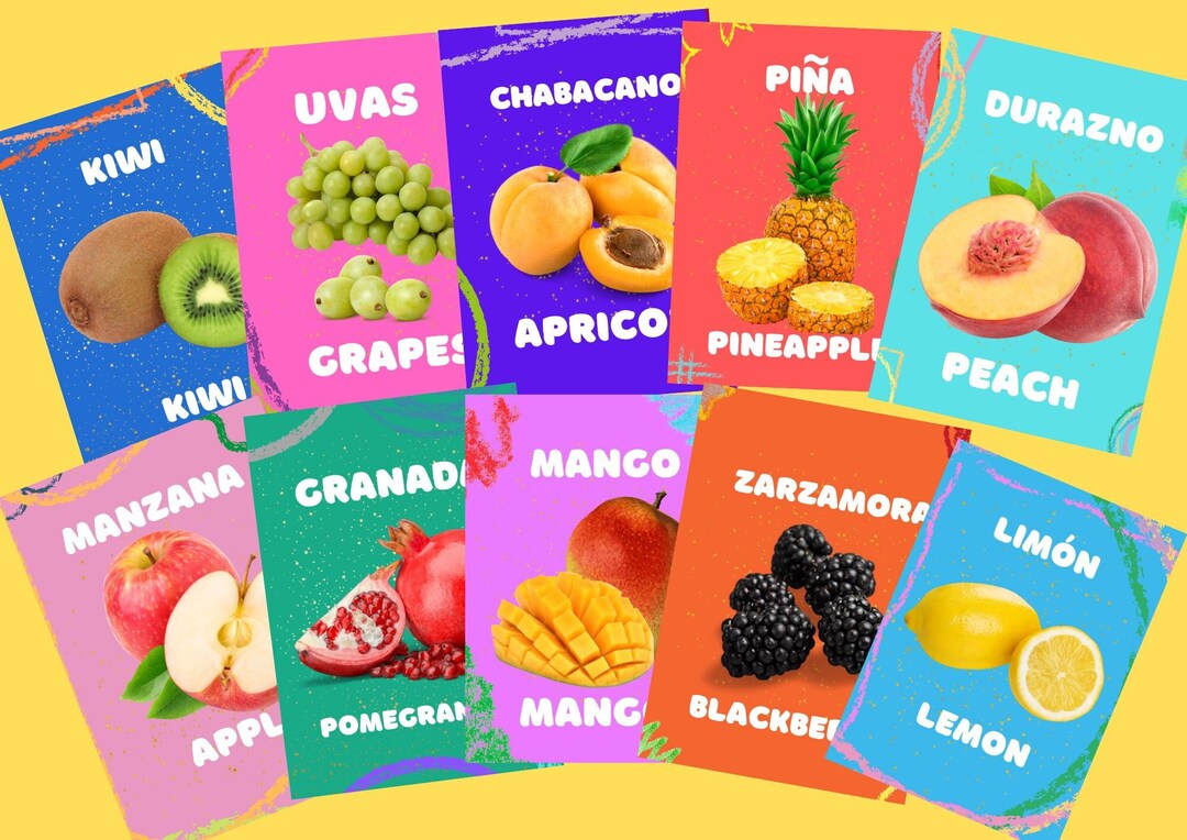 Bilingual Fruit & Vegetable Flash Cards: Spanish English Learning - Etsy