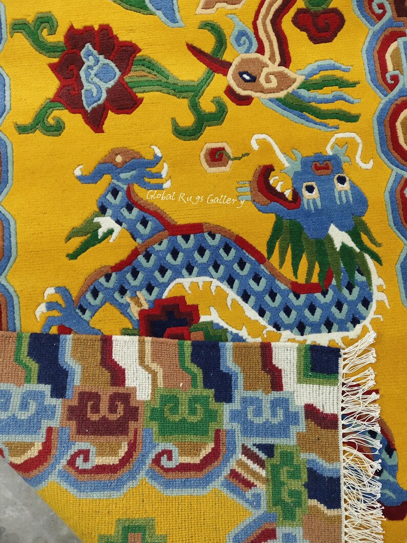 Yellow Tibetan Dragon Phoenix Rug – Handmade Wool Oriental Carpet ...