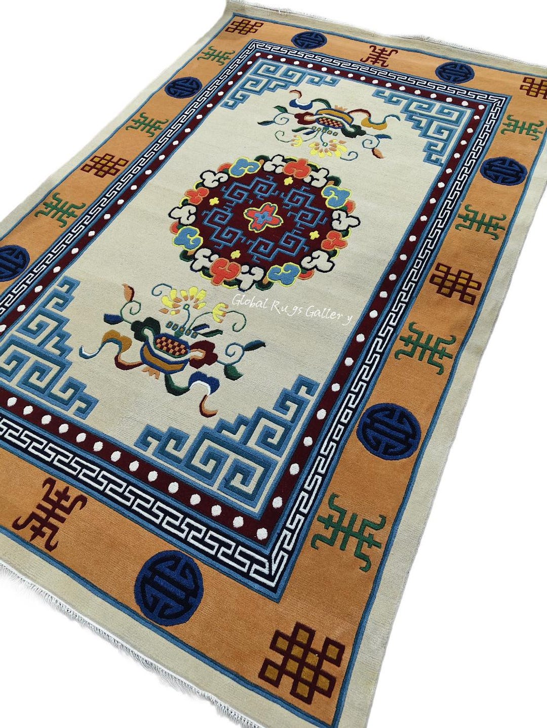 Handmade Tibetan Wool Rug | Mandala Medallion, Cream & Blue - Etsy