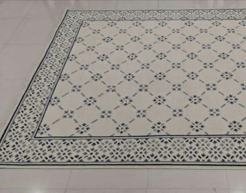 Cream Background and Blue Beautiful Design Oushak Hand Knotted Wool Rug ...