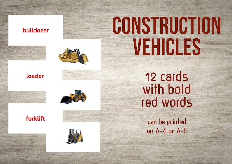 Construction Vehicles Flash Cards - Etsy