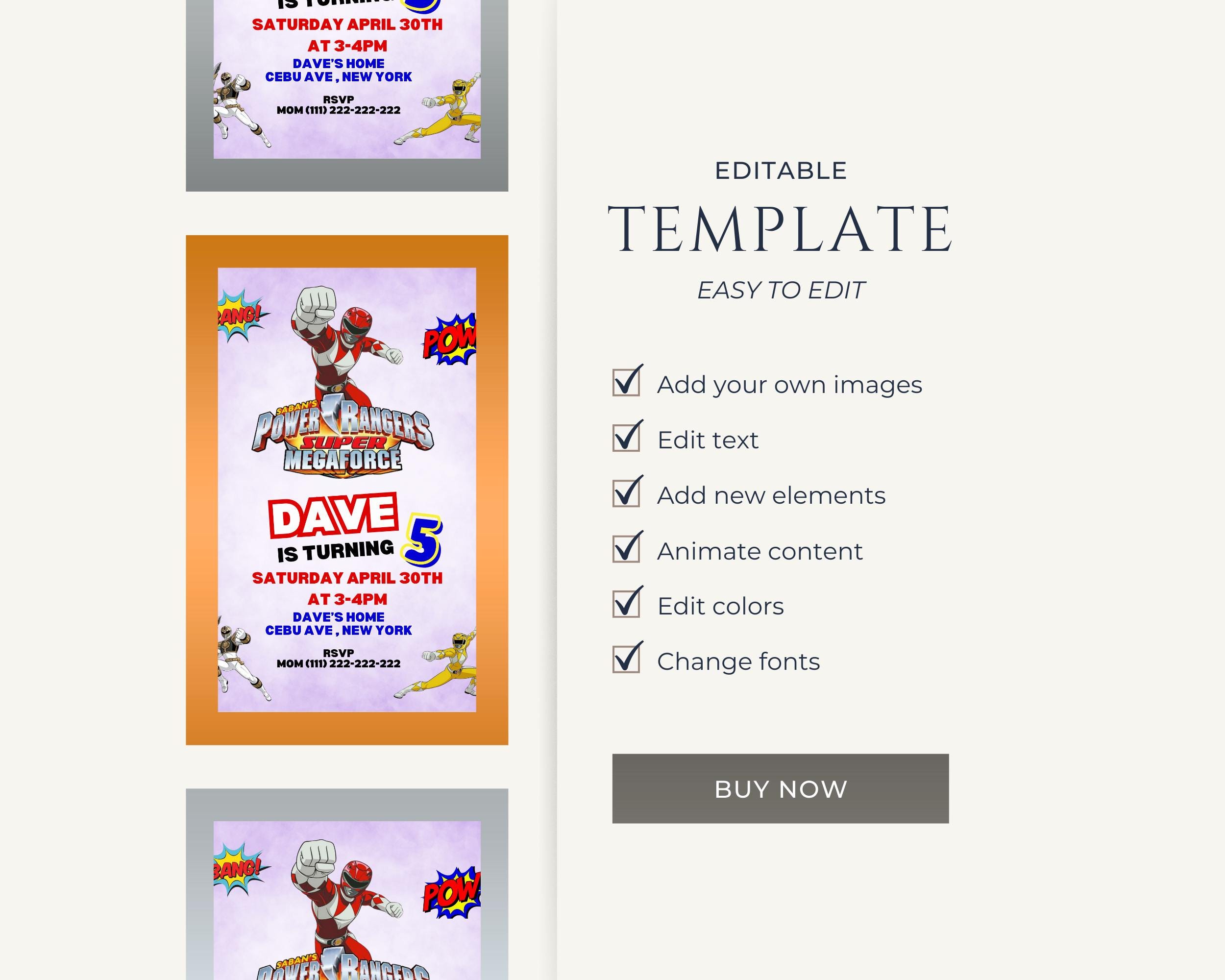 Editable Power Rangers Birthday Invitation Template | Editable Kids ...