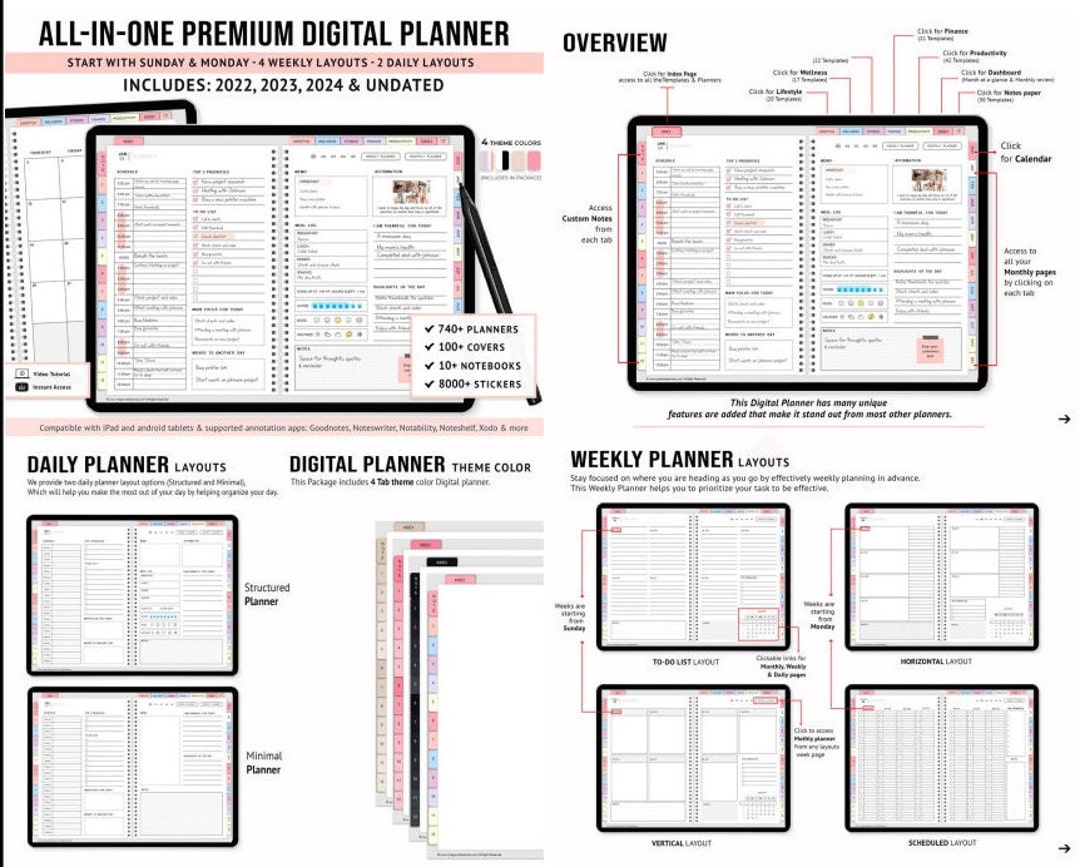 Premium Digital Planner 2023 2024 Undated, Notability Planner, Daily ...