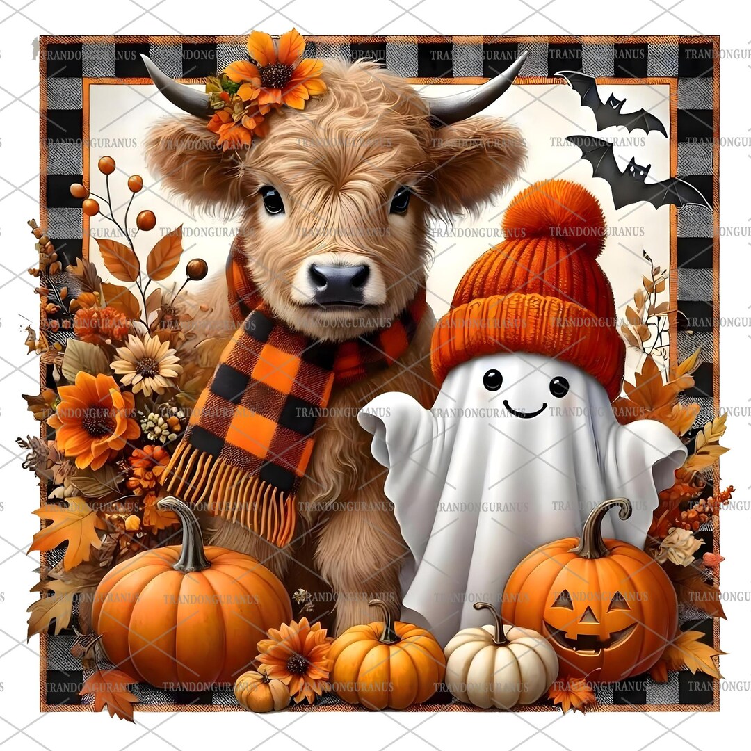 Cute Fall Highland Cow Ghost Png, Halloween Pumpkin Spice Png, Spooky ...