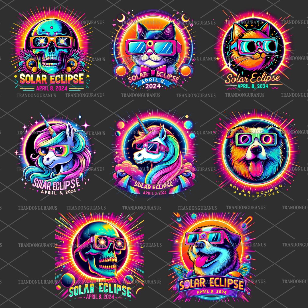 Bundle Cartoon Solar Eclipse Png, Total Solar Eclipse 2024 Png, Neon ...