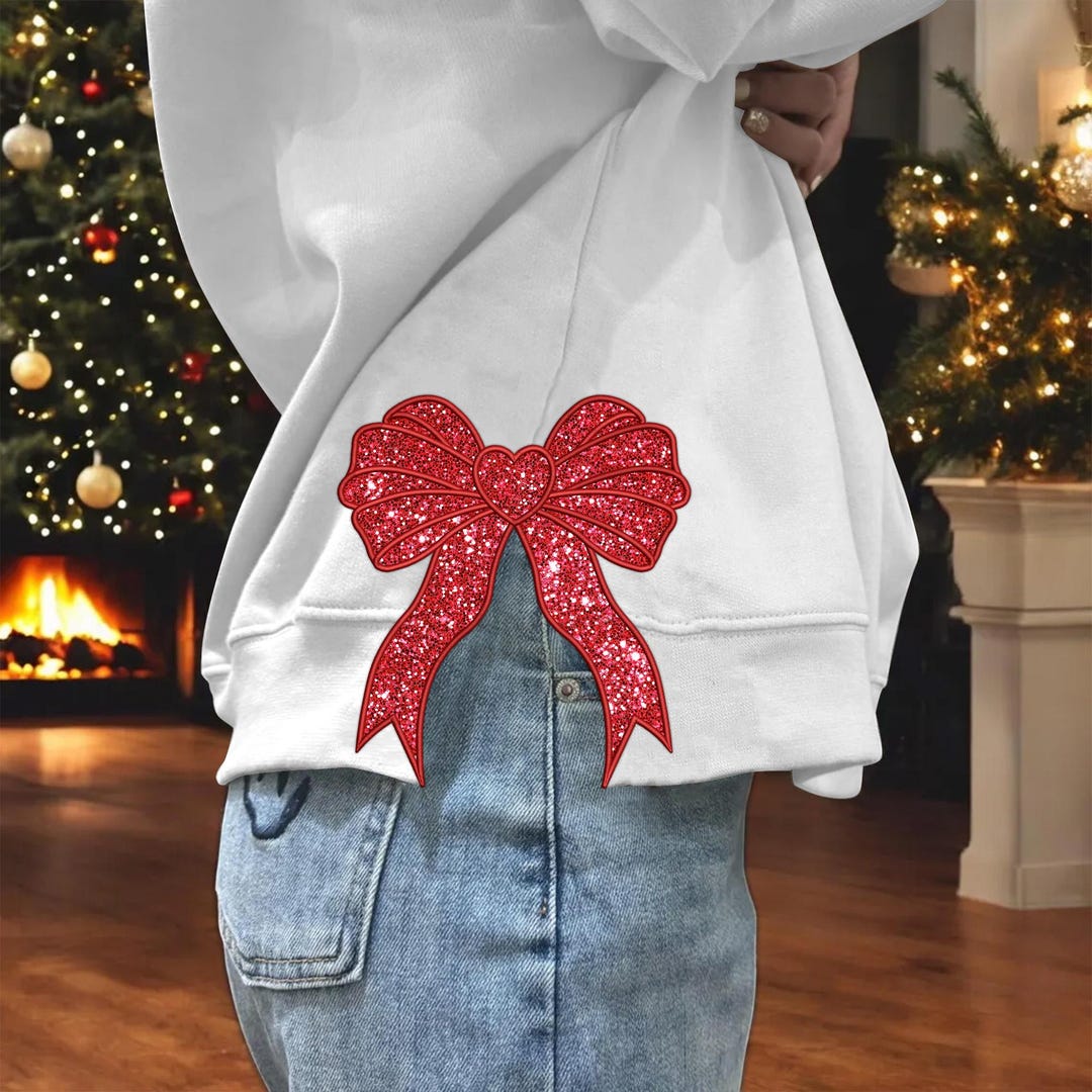 Side Bow Applique Sweatshirt Embroidery Design, Glitter Bow Christmas ...