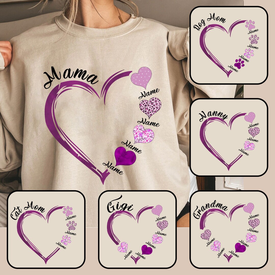 Bundle Custom Mama Heart With Kids Name Png, Mama Love Png, Dog Mom ...