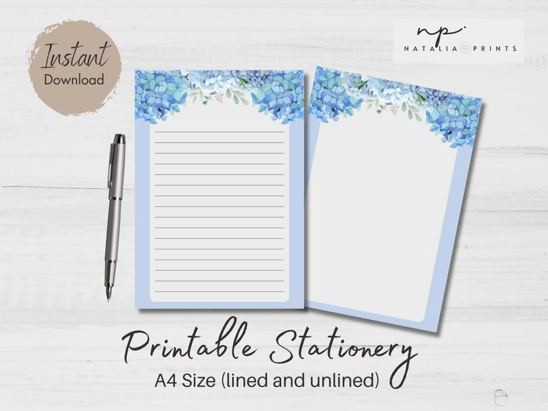 Printable Blue Hydrangea A4 and Letter Size Stationery or Journal Paper ...