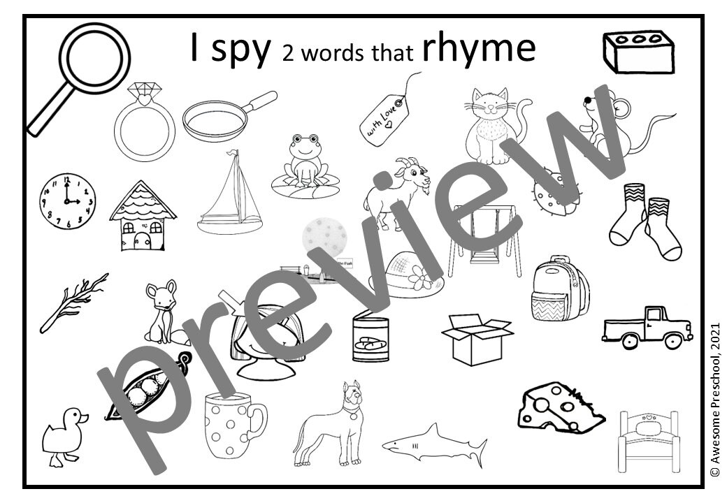 Preschool Digital & Printable Literacy Activities I Spy RHYMING Words ...