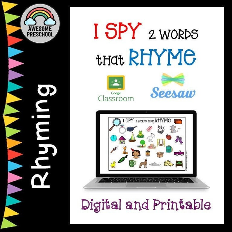 Preschool Digital & Printable Literacy Activities I Spy RHYMING Words ...