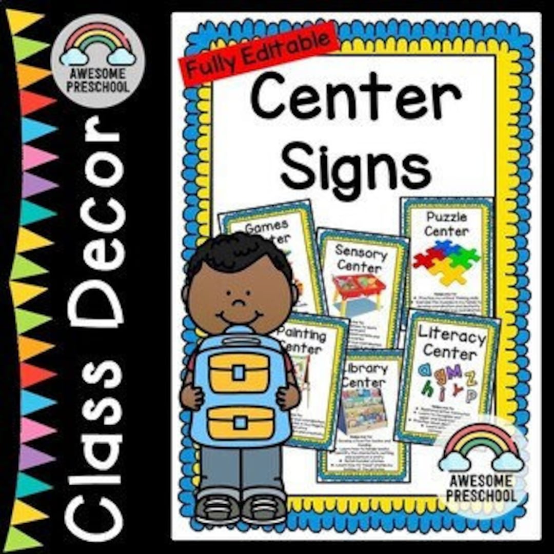 Preschool Classroom Center Signs Blue & Yellow - Back to School Fully ...