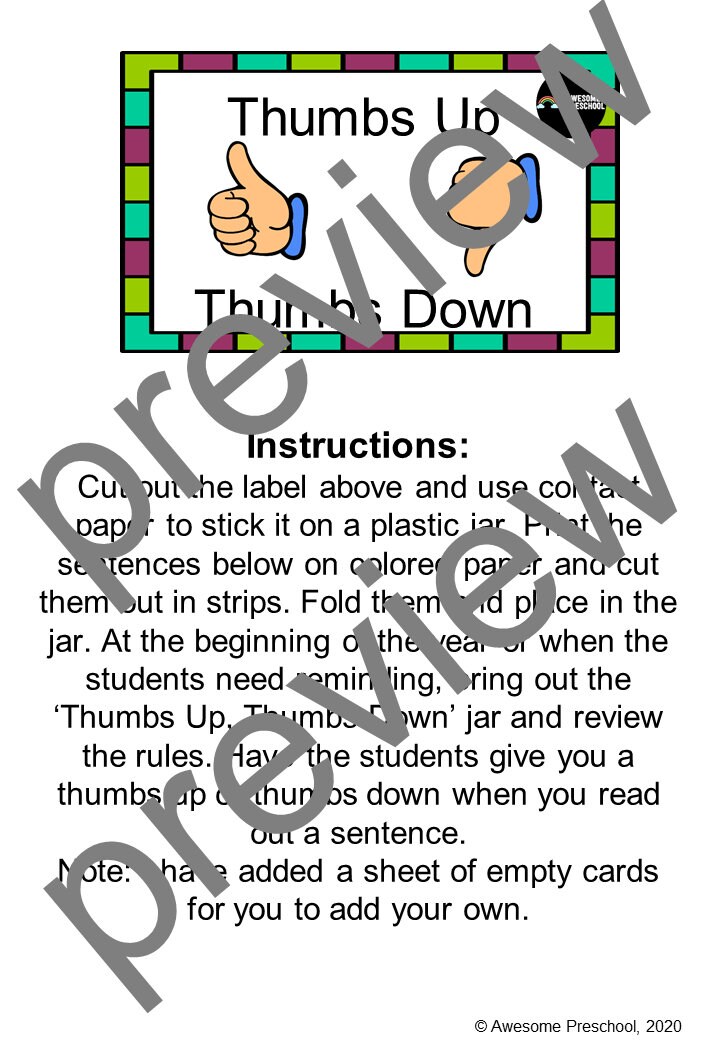 Classroom Rules - Thumbs up Thumbs Down - INCLUDES DISTANCE LEARNING - Etsy