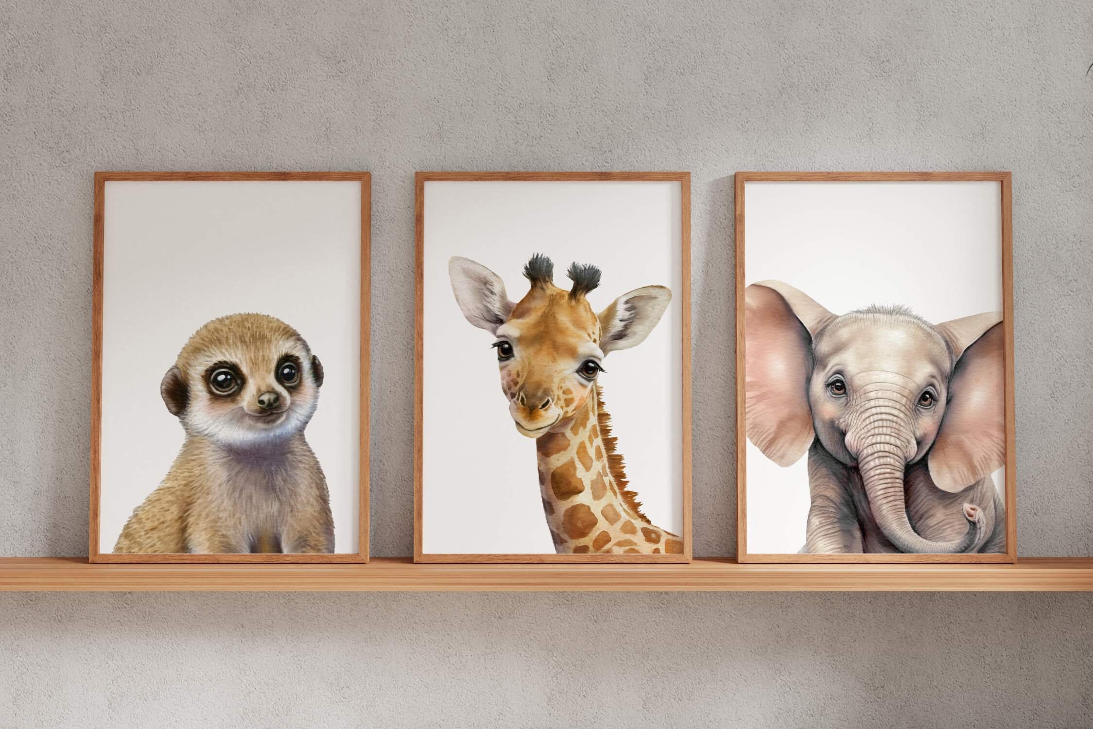 Triptych Poster Set, Safari Animals, Giraffe, Elephant, Meerkat, Kids ...