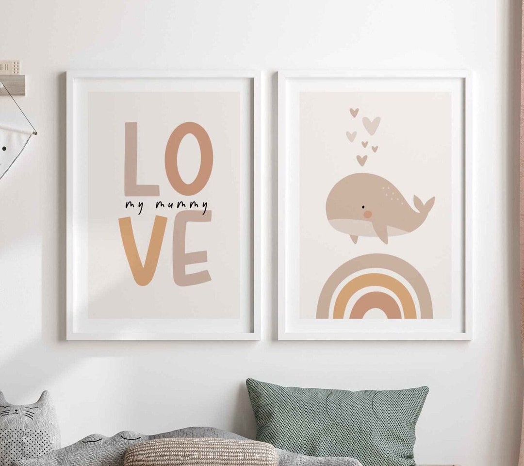 Two Posters Love and Whale, Posters for Kids, Rainbow, Hearts, Boho ...