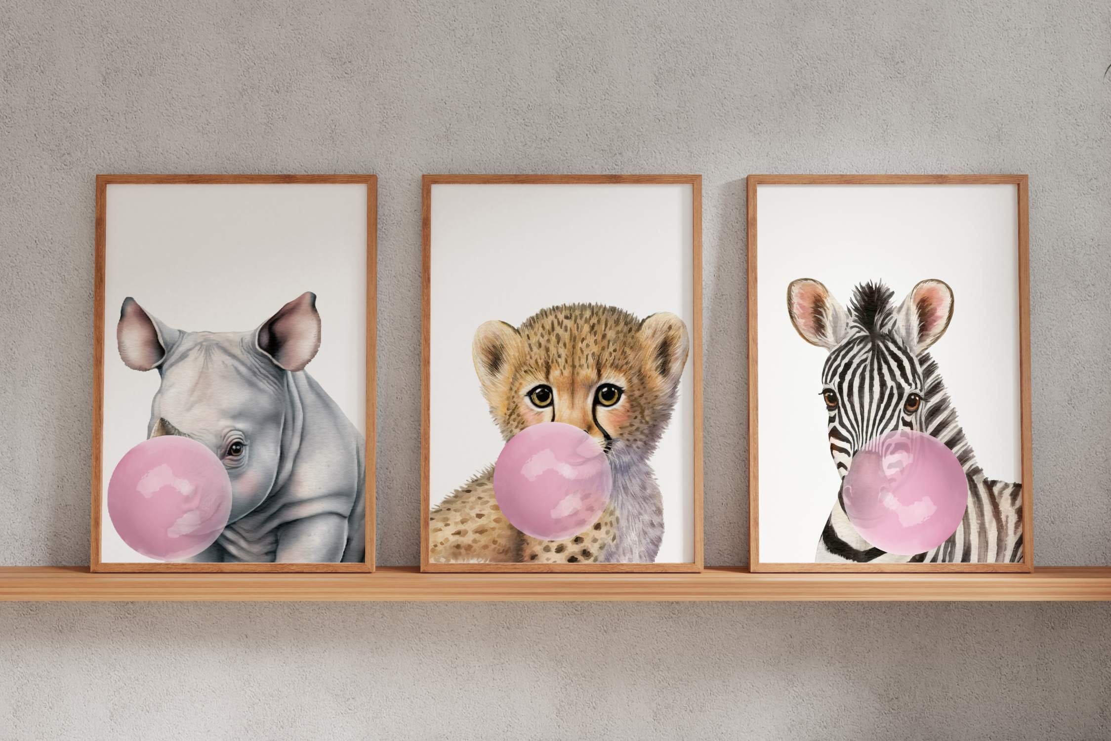 Triptych Poster Set, Safari Animals With Bubble Gum, Rhinoceros ...