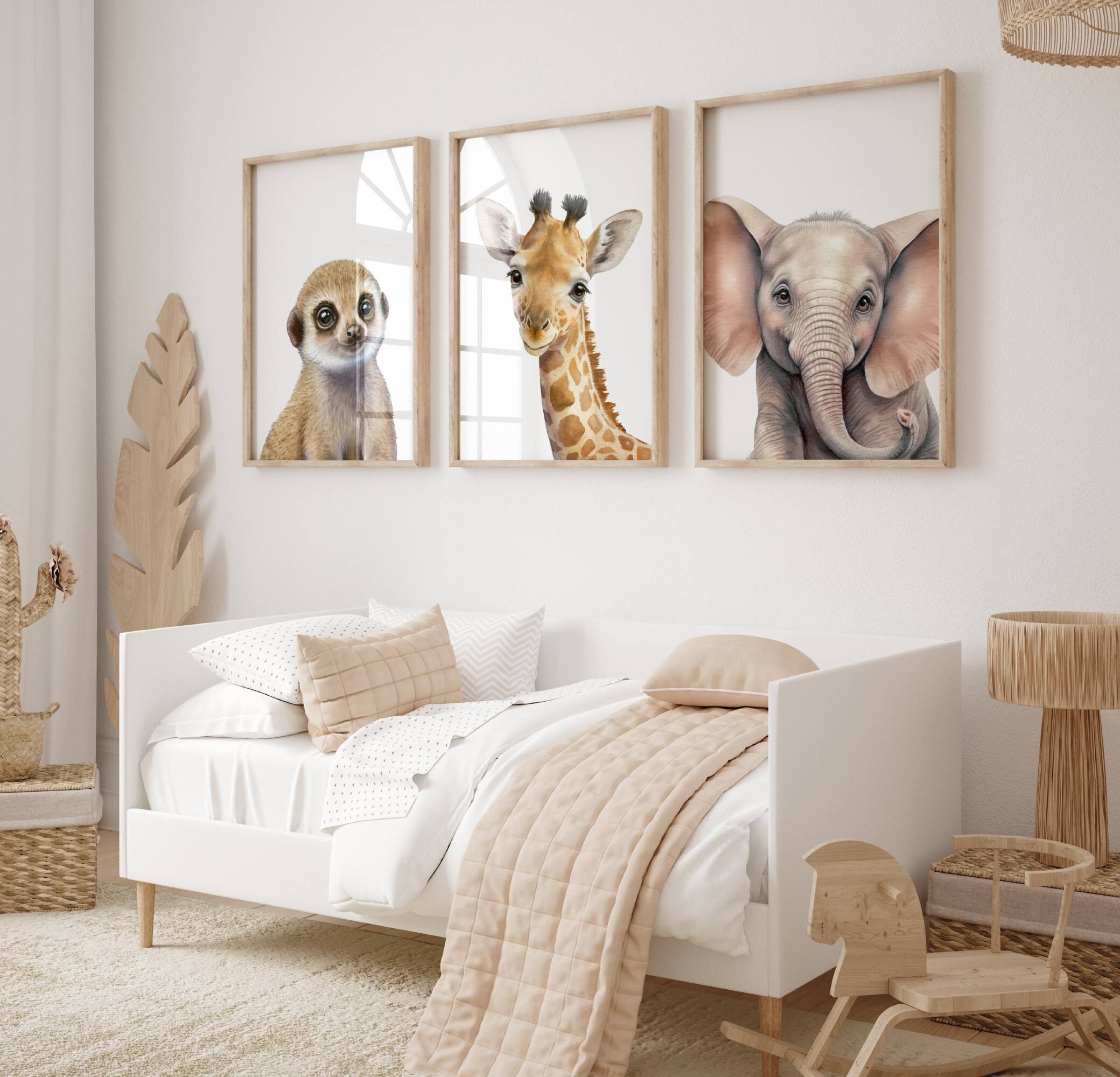 Triptych Poster Set, Safari Animals, Giraffe, Elephant, Meerkat, Kids ...