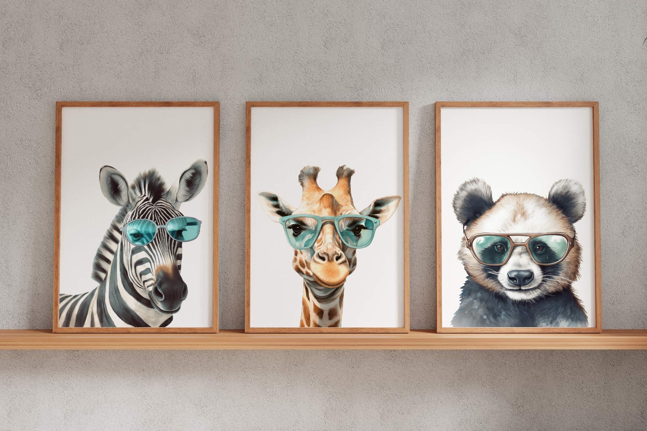 Triptych Poster Set, Safari Animals in Glasses, Zebra, Giraffe, Panda ...