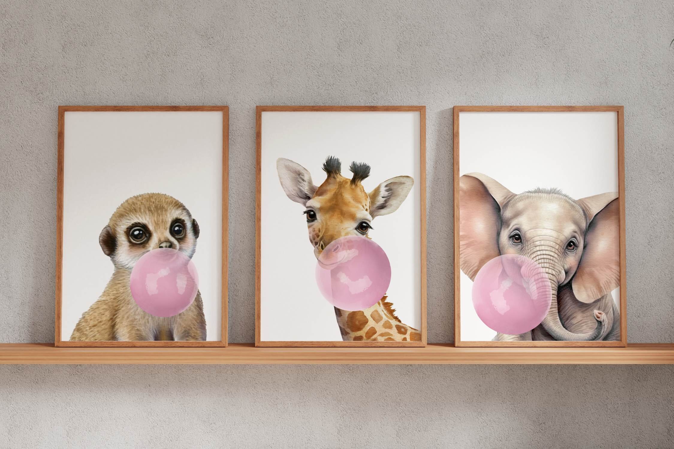 Triptych Poster Set, Safari Animals With Bubble Gum, Giraffe, Elephant ...