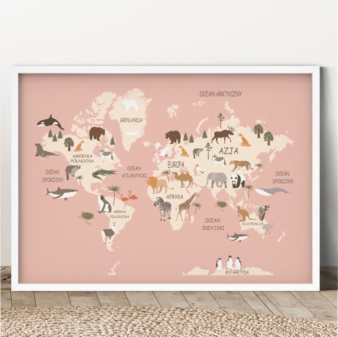 Poster World Map Pink M1, Posters for Kids, Decoration, Wall Decal ...