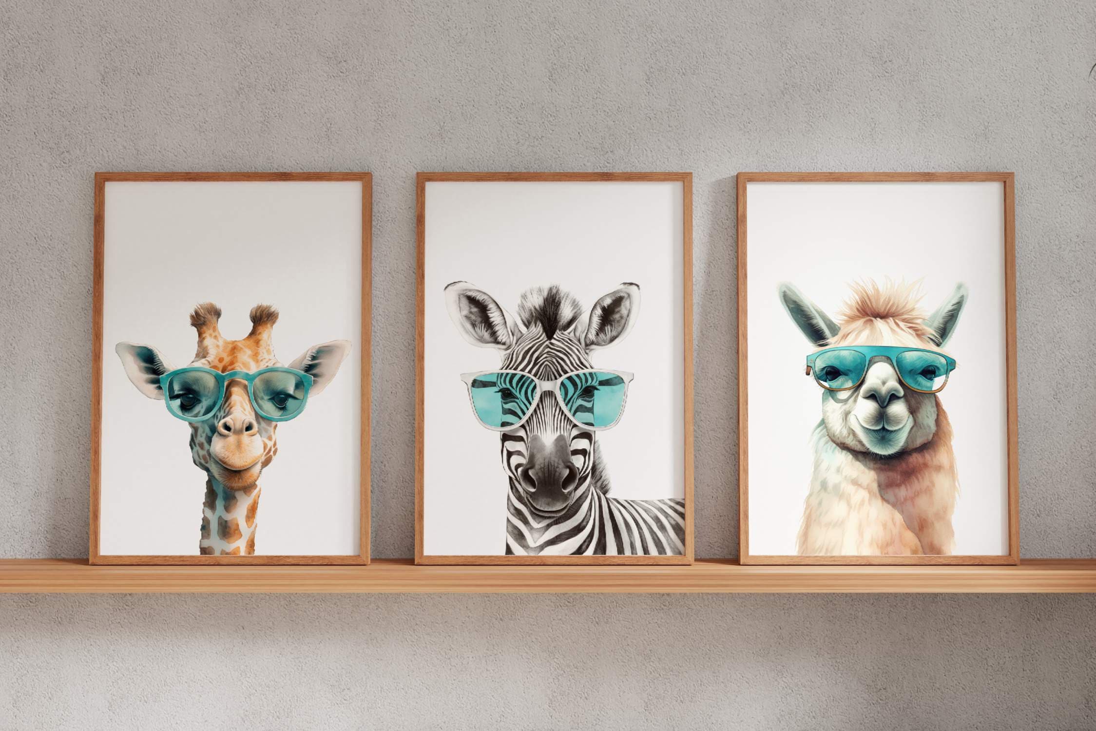 Triptych Poster Set, Safari Animals in Glasses, Zebra, Giraffe, Lama ...